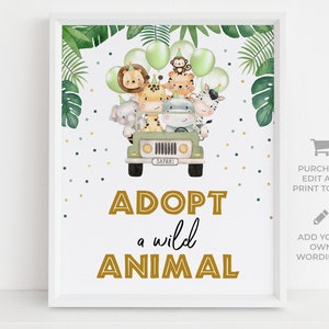 Wild One Custom Adopt A Wild Animal Sign, EDITABLE Safari Animals Party ...
