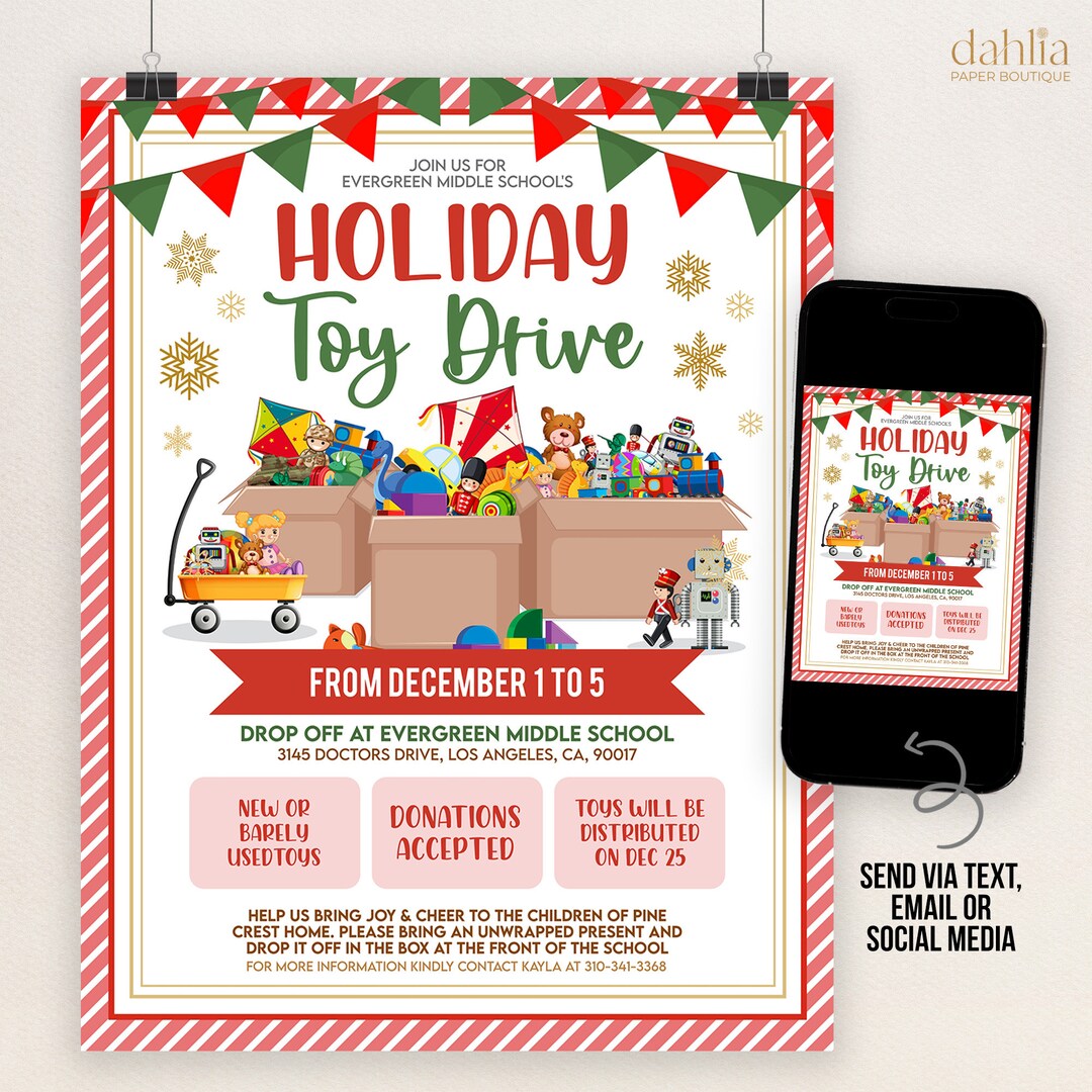 Editable Holiday Toy Drive Flyer, Toy Drive Template, Holiday Charity ...