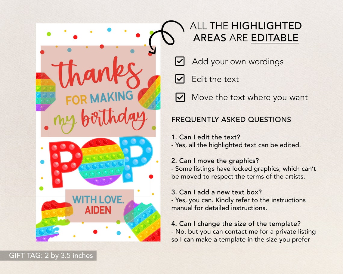 EDITABLE Pop It Thank You for Coming Gift Tag Pop It Party - Etsy