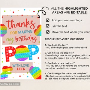 EDITABLE Pop It Thank You for Coming Gift Tag, Pop It Party Favor Tag ...