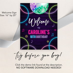 Dance Party Birthday Welcome Sign, Editable Glow Neon Banner Template ...