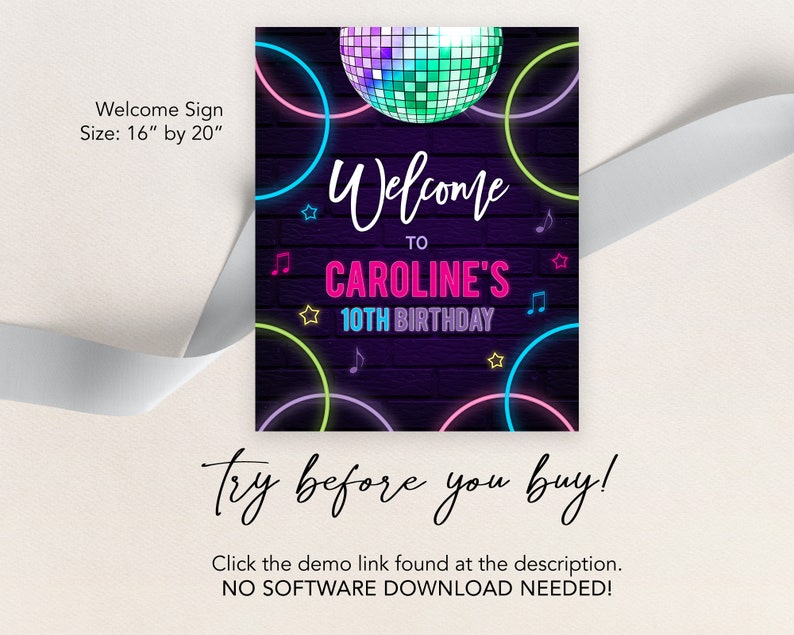 Dance Party Birthday Welcome Sign Editable Glow Neon Banner - Etsy