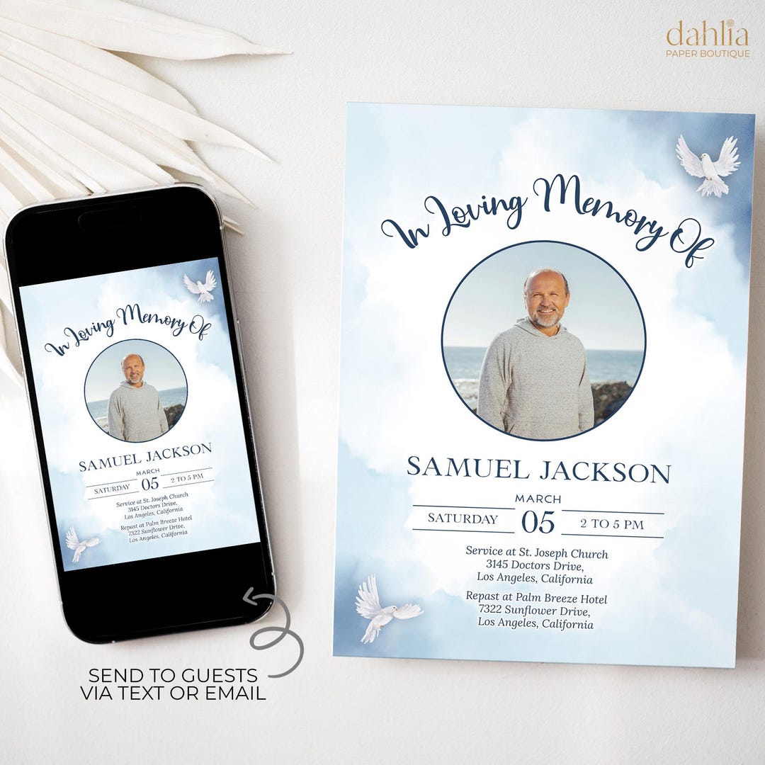 Blue Dove Funeral Invitation Template, Editable Heavenly Sky Funeral ...