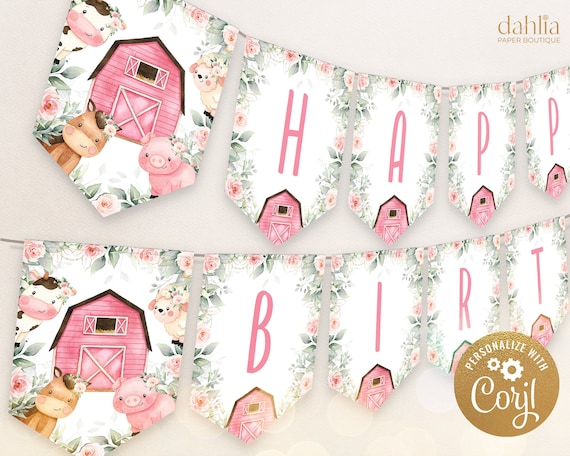 EDITABLE Farm Happy Birthday Banner, Ranch Animals Birthday Banner ...