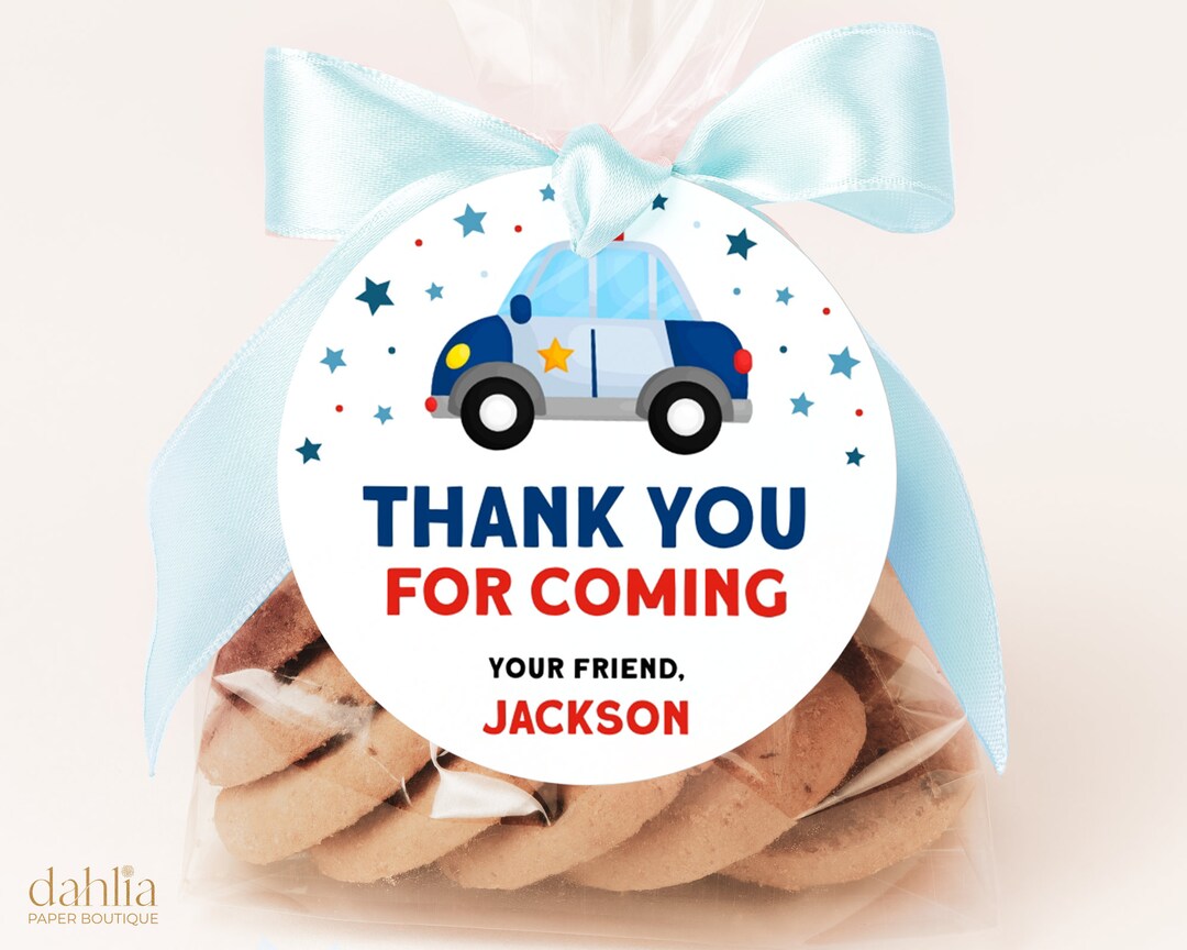Thank You Gift Tag, EDITABLE Police Birthday Label, Cop Car Party Favor ...