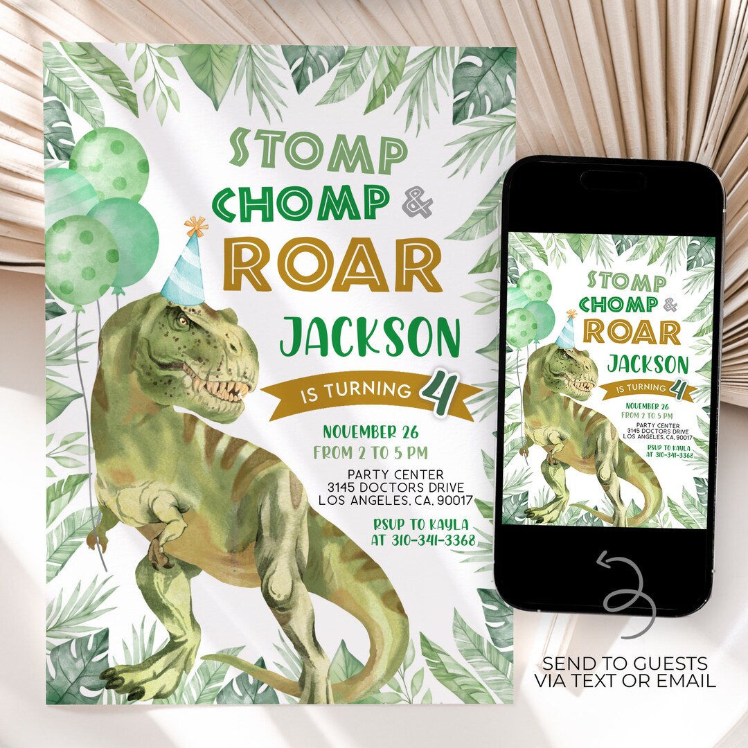 Dinosaur Birthday Invitation, EDITABLE T-rex Dinosaur Party Invite ...