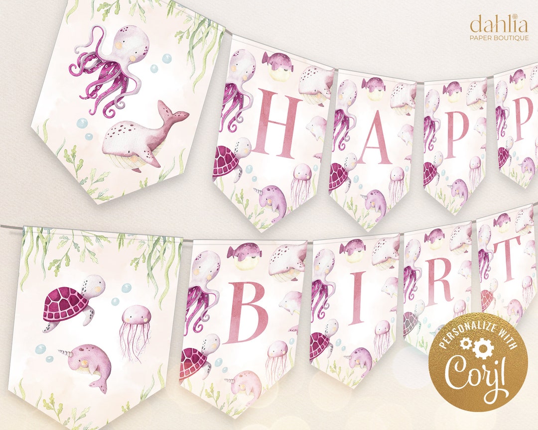 Under the Sea Happy Birthday Banner, EDITABLE Ocean Animals Banner ...