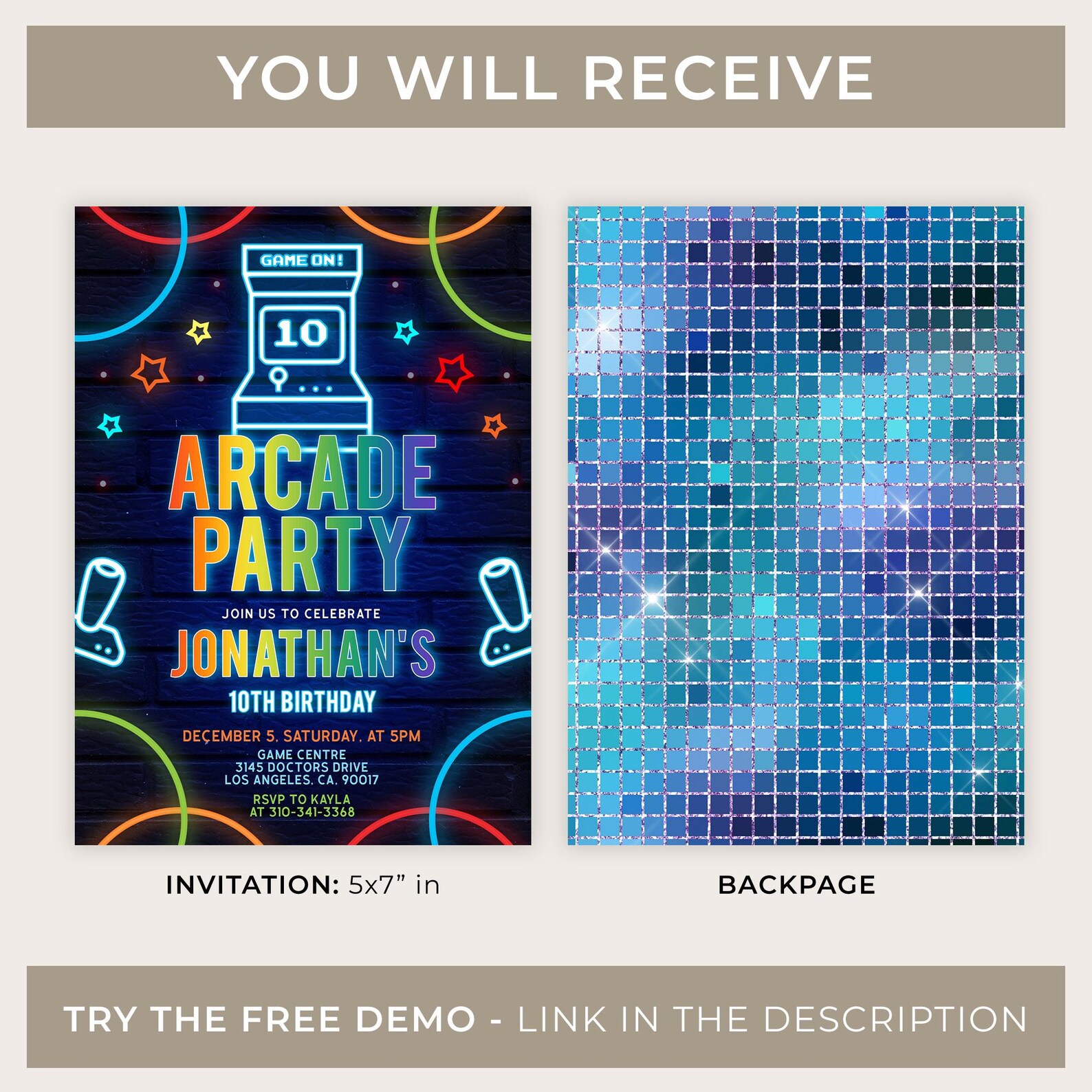 EDITABLE Arcade Party Invitation, Gamer Birthday Invite, Blue Glow Neon ...