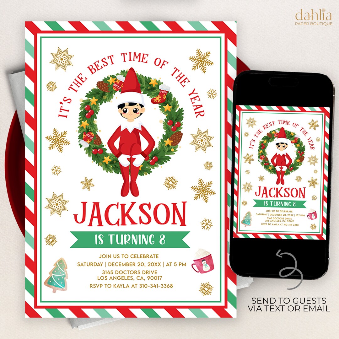 Editable Elf Birthday Party Invitation, Christmas Boy Birthday Invite ...