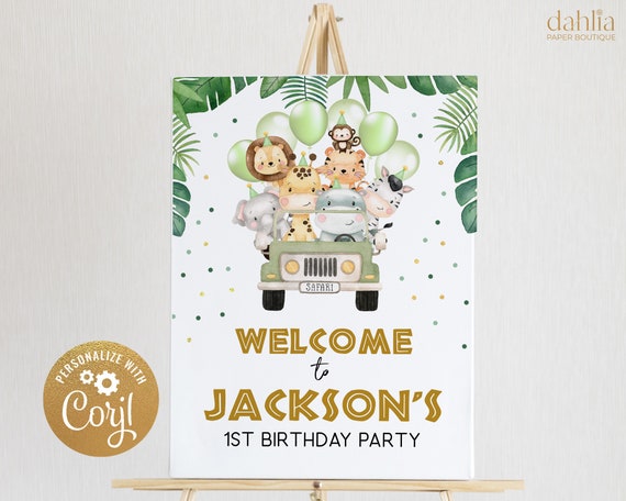 Wild One Birthday Welcome Sign, EDITABLE Safari Animals Party Decor ...