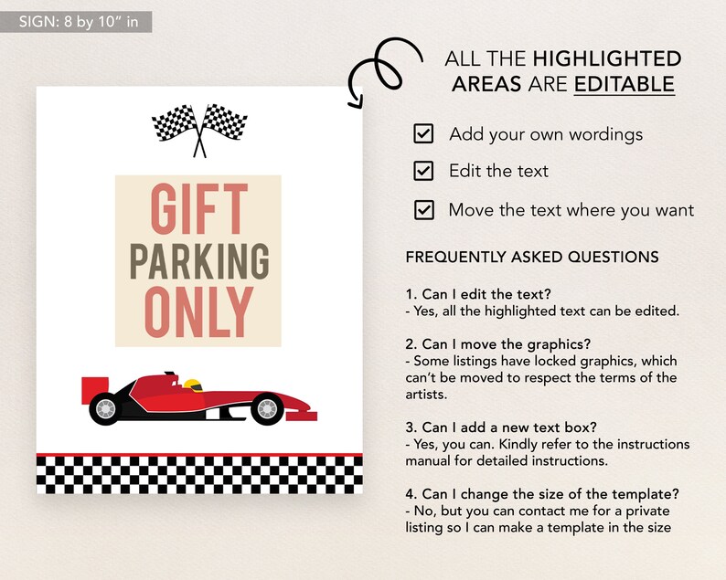 Fast One Gift Parking Only Sign, EDITABLE Race Car Party Decor, First ...