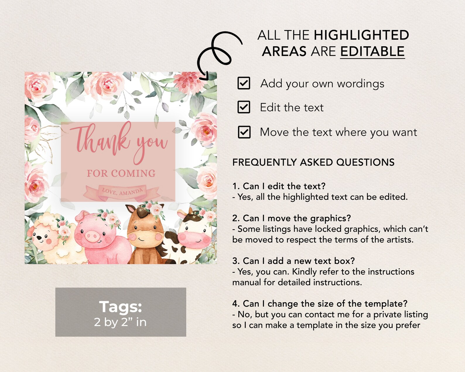 Farm Birthday Thank You for Coming Gift Tag, EDITABLE Barn Animals ...
