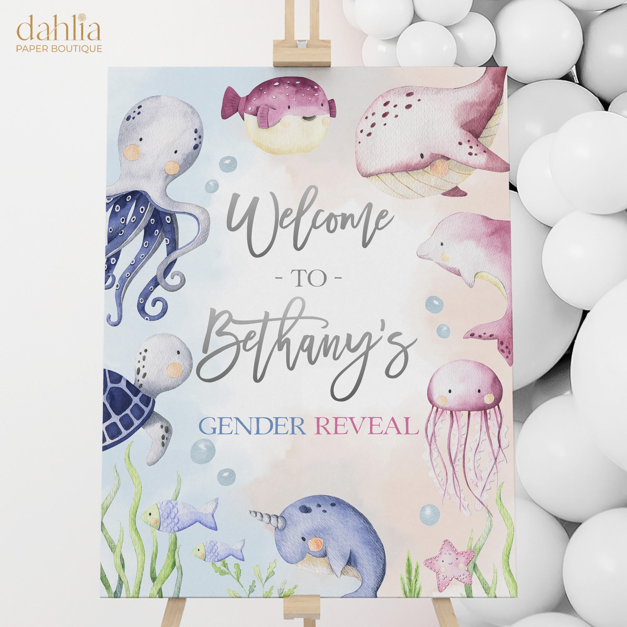 Under the Sea Gende Reveal Welcome Sign, Editable Ocean Animals Party ...