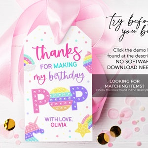 EDITABLE Pop It Thank You for Coming Gift Tag, Pop It Party Favor Tag ...