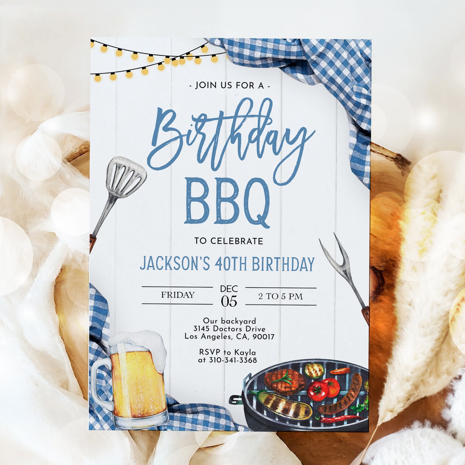 BBQ Birthday Invitation, EDITABLE Blue Gingham Backyard Party Template ...