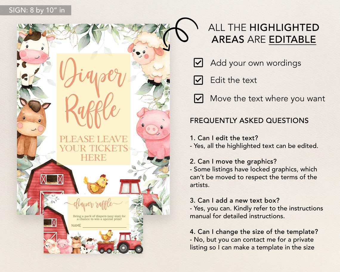 EDITABLE Farm Baby Shower Diaper Raffle Sign & Card, Barn Animals Baby ...