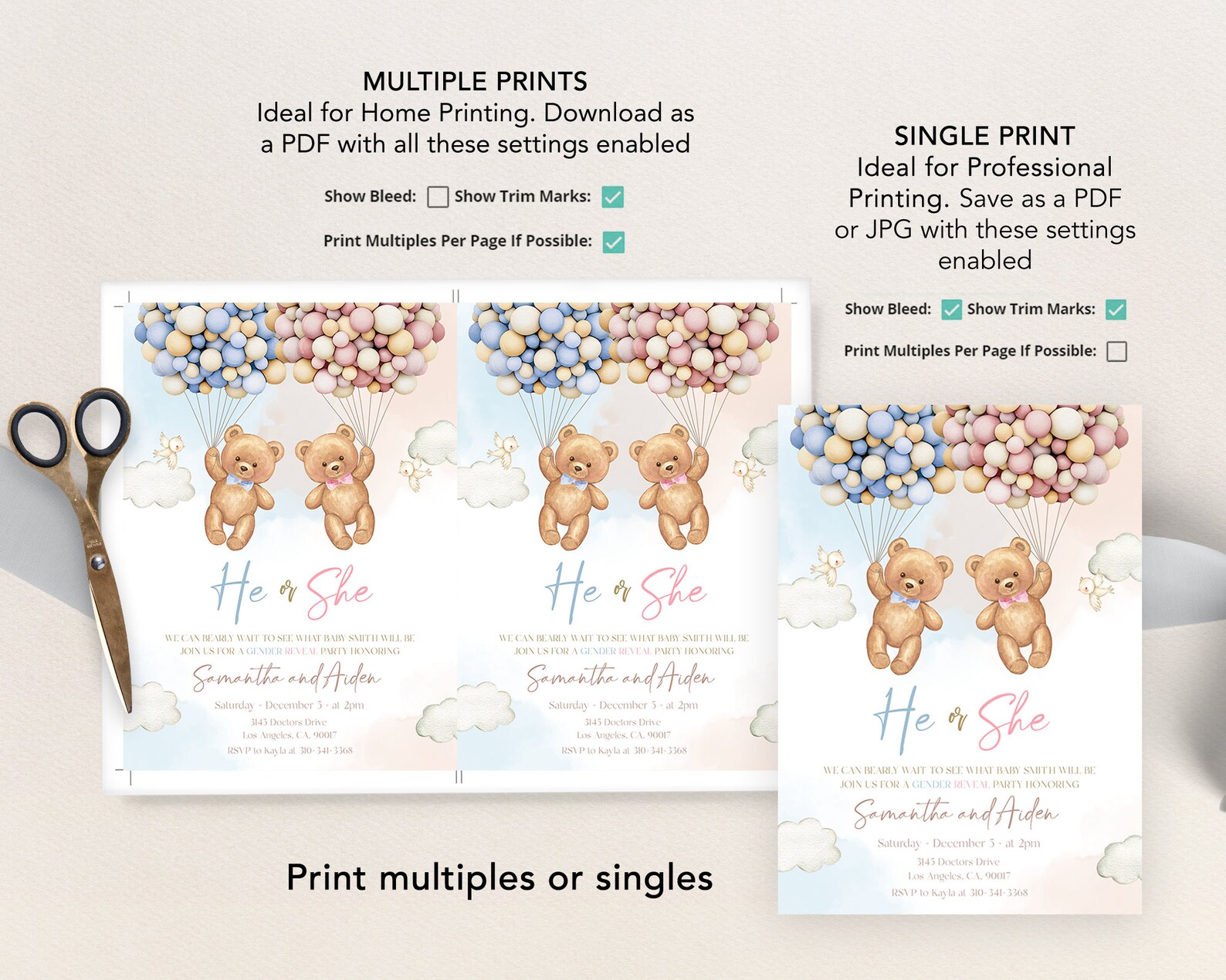 EDITABLE Teddy Bears Gender Reveal Invitation, Baby Boy or Girl Party ...