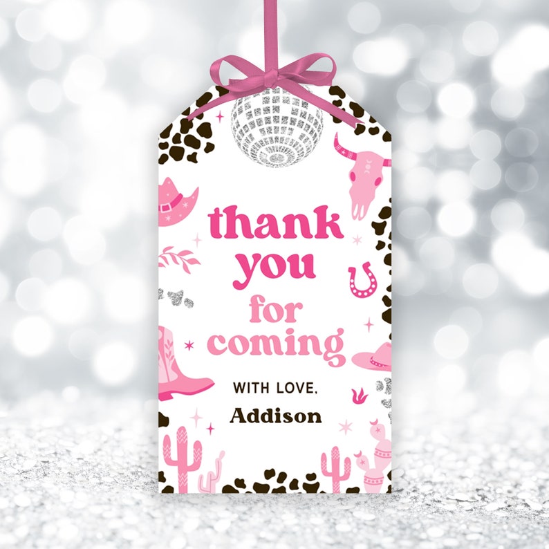 Space Cowgirl Party Favor Thank You Tag Editable Template, Disco Rodeo ...