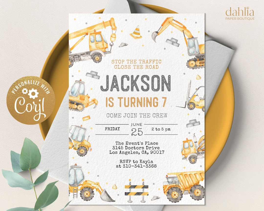 Modern Construction Birthday Invitation, EDITABLE Dump Trucks Party ...