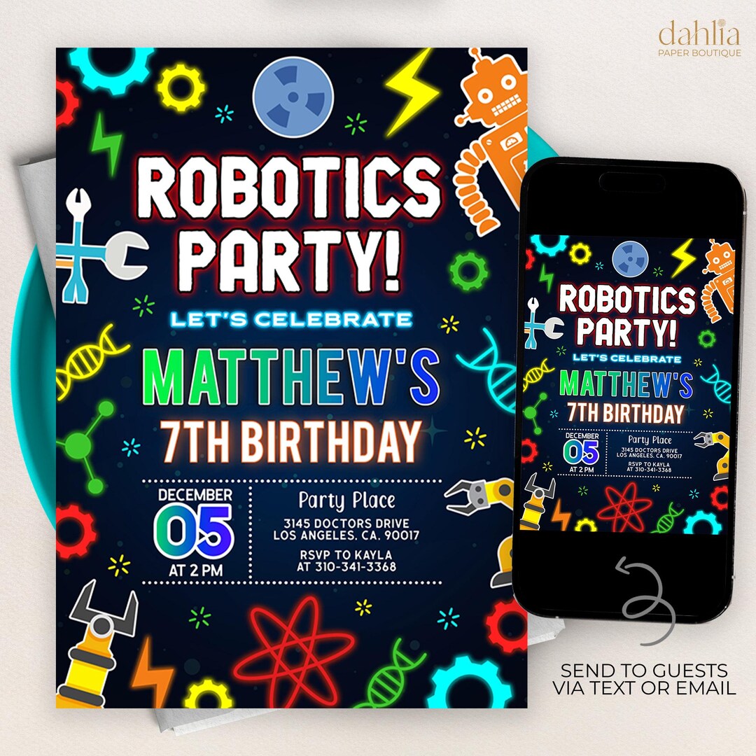Robotics Birthday Invitation, EDITABLE Robots Party Invite, Boys Neon ...