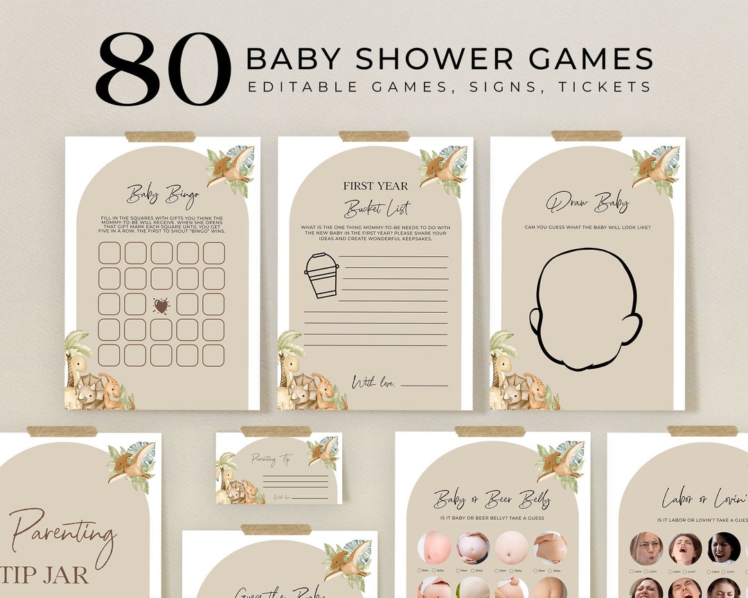 EDITABLE 80 Boho Dinosaur Baby Shower Games, Dinosaur Baby Shower Game ...