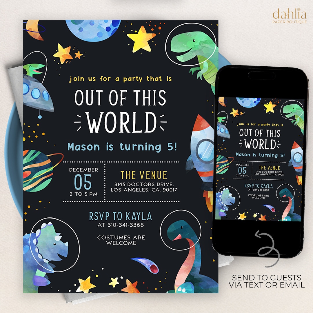 Space Dinosaur Birthday Invitation, EDITABLE Outer Space Party ...