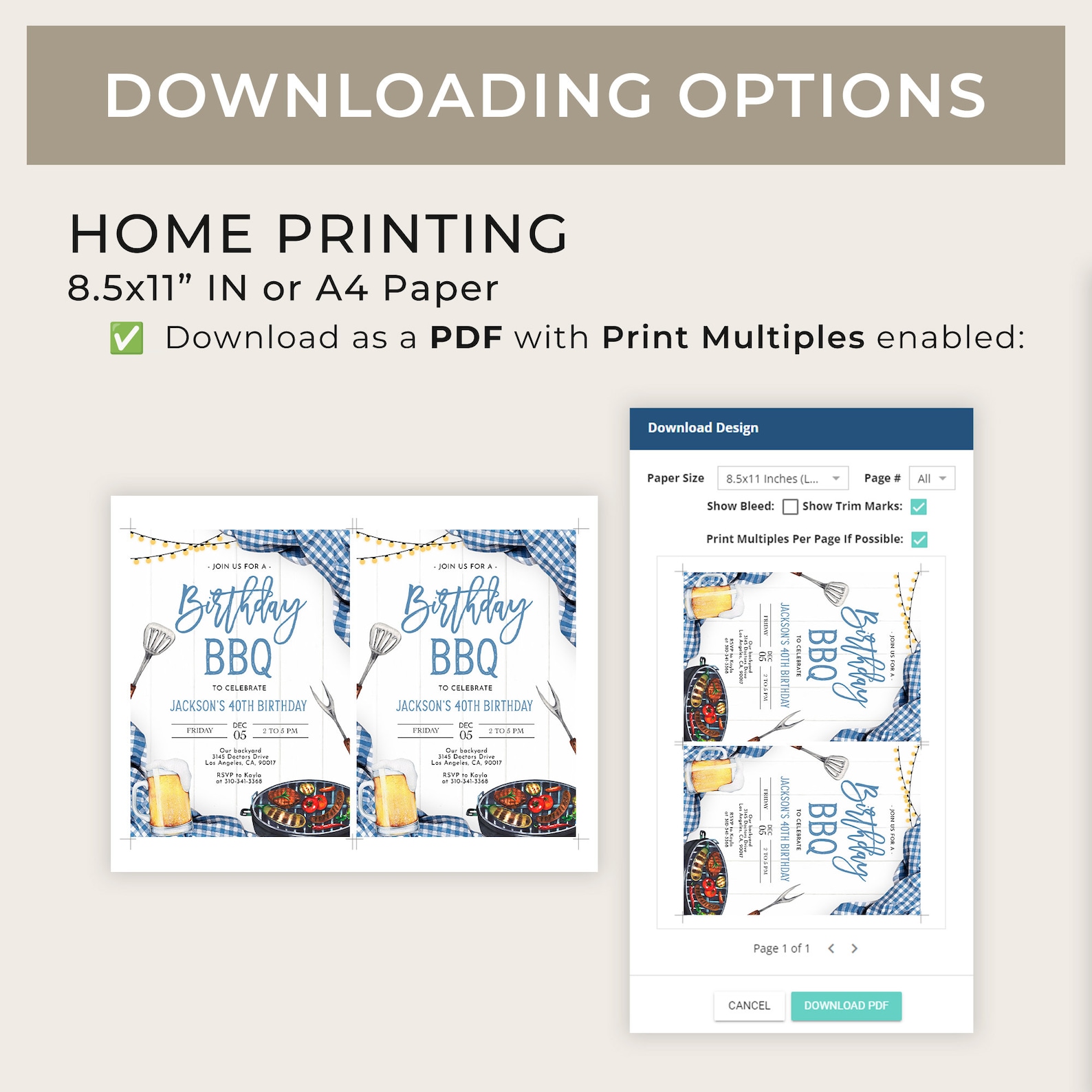 BBQ Birthday Invitation, EDITABLE Blue Gingham Backyard Party Template ...