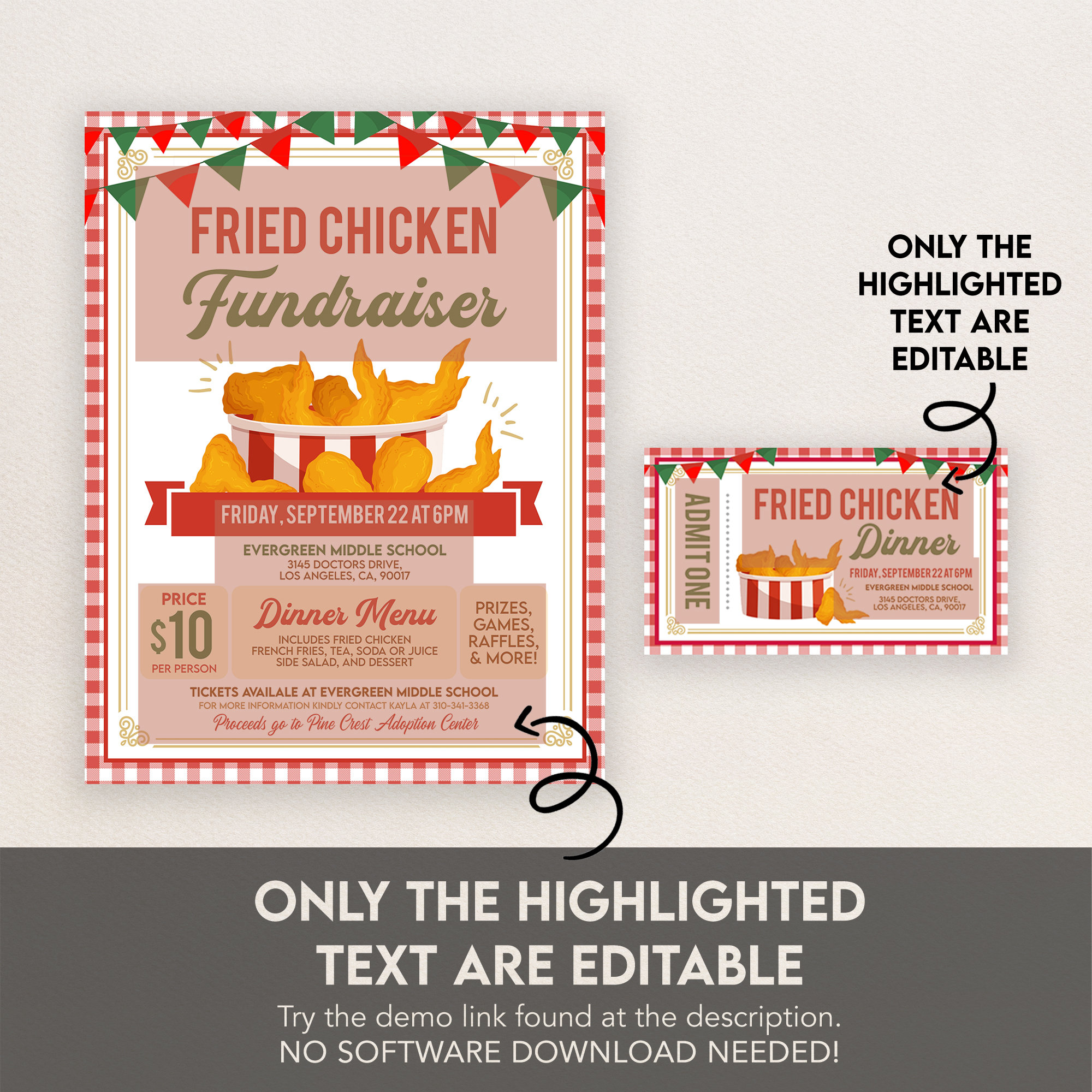 Editable Fried Chicken Dinner Fundraiser Flyer Ticket, Pasta PTA PTO ...