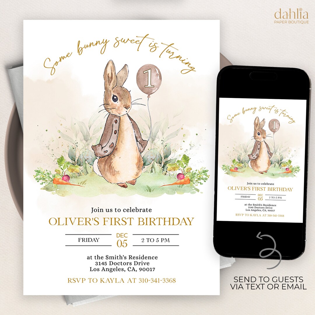 Peter Rabbit First Birthday Invitation, Editable Invite Template ...