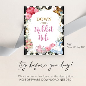 Down the Rabbit Hole Sign, Alice in Wonderland Birthday, EDITABLE ...