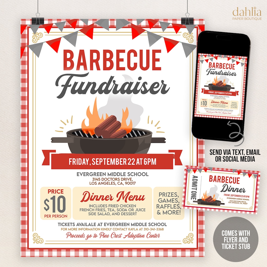 Editable BBQ Dinner Fundraiser Flyer Ticket, PTA PTO School Church ...
