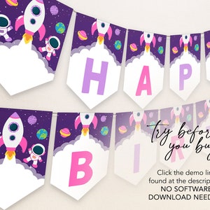 EDITABLE Space Happy Birthday Banner, Galaxy Birthday Banner, Girl Pink ...