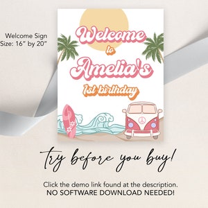 Surf's up Welcome Sign, EDITABLE Swimming Party Decor, Tropical Summer ...