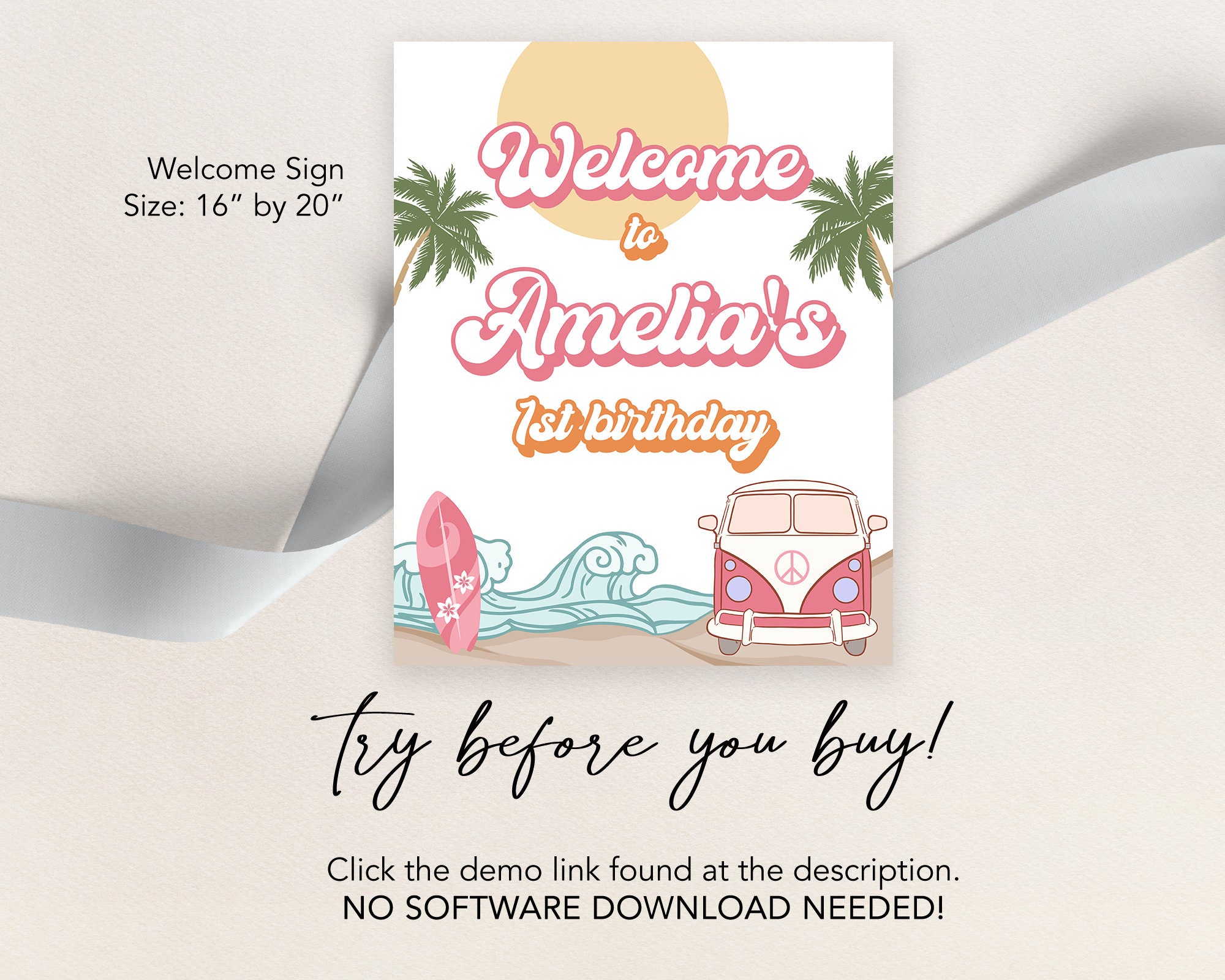Surf's up Welcome Sign, EDITABLE Swimming Party Decor, Tropical Summer ...