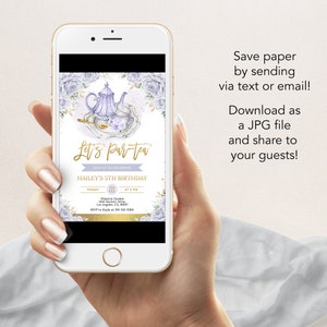 High Tea Party Birthday Invitation, EDITABLE Lilac Purple and Gold Par ...