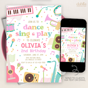 Dance Sing Play Party Invitation, Editable Music Birthday Invite, Rock ...
