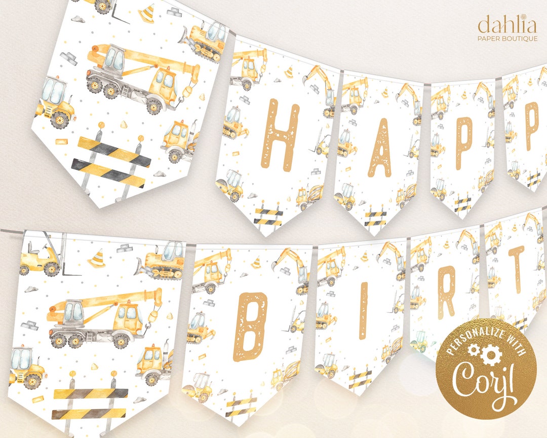Construction Trucks Happy Birthday Banner, EDITABLE Trucks Birthday ...