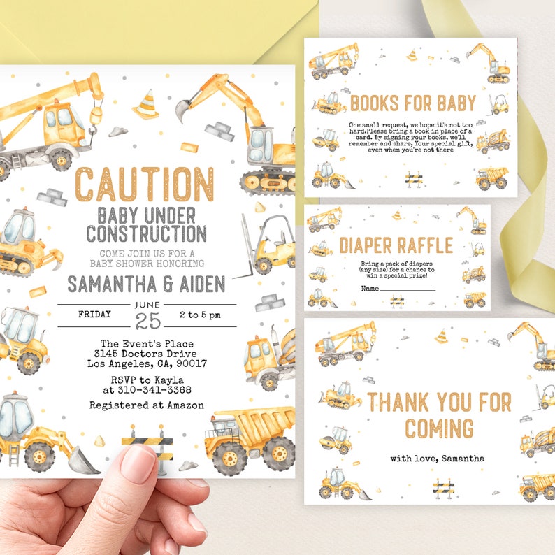 Modern Construction Baby Shower Invitation Set, EDITABLE Dump Trucks ...