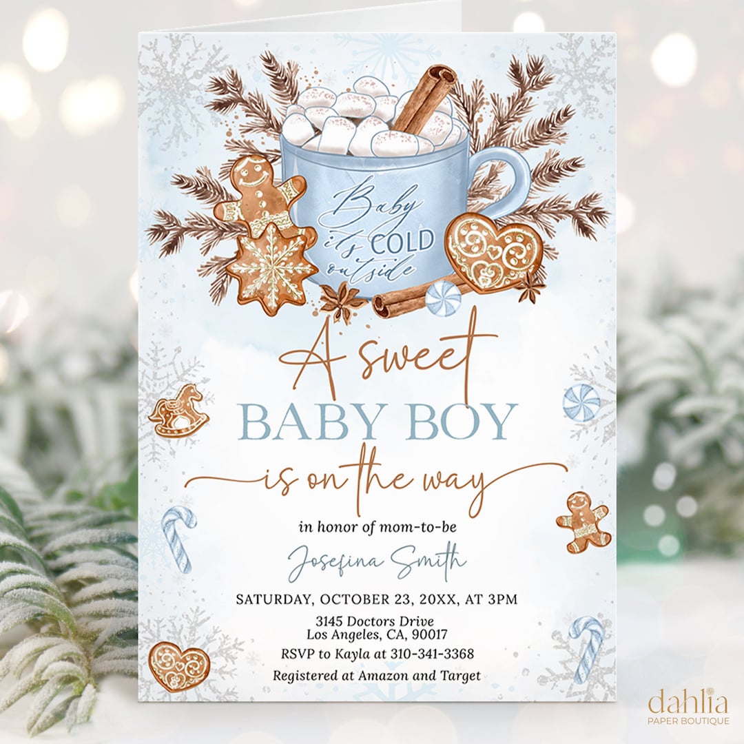 Blue Winter Boy Baby Shower Invitation, Editable Hot Chocolate Baby ...