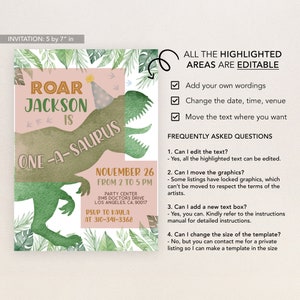 Dinosaur First Birthday Invitation, EDITABLE One-a-saurus Party Invite ...