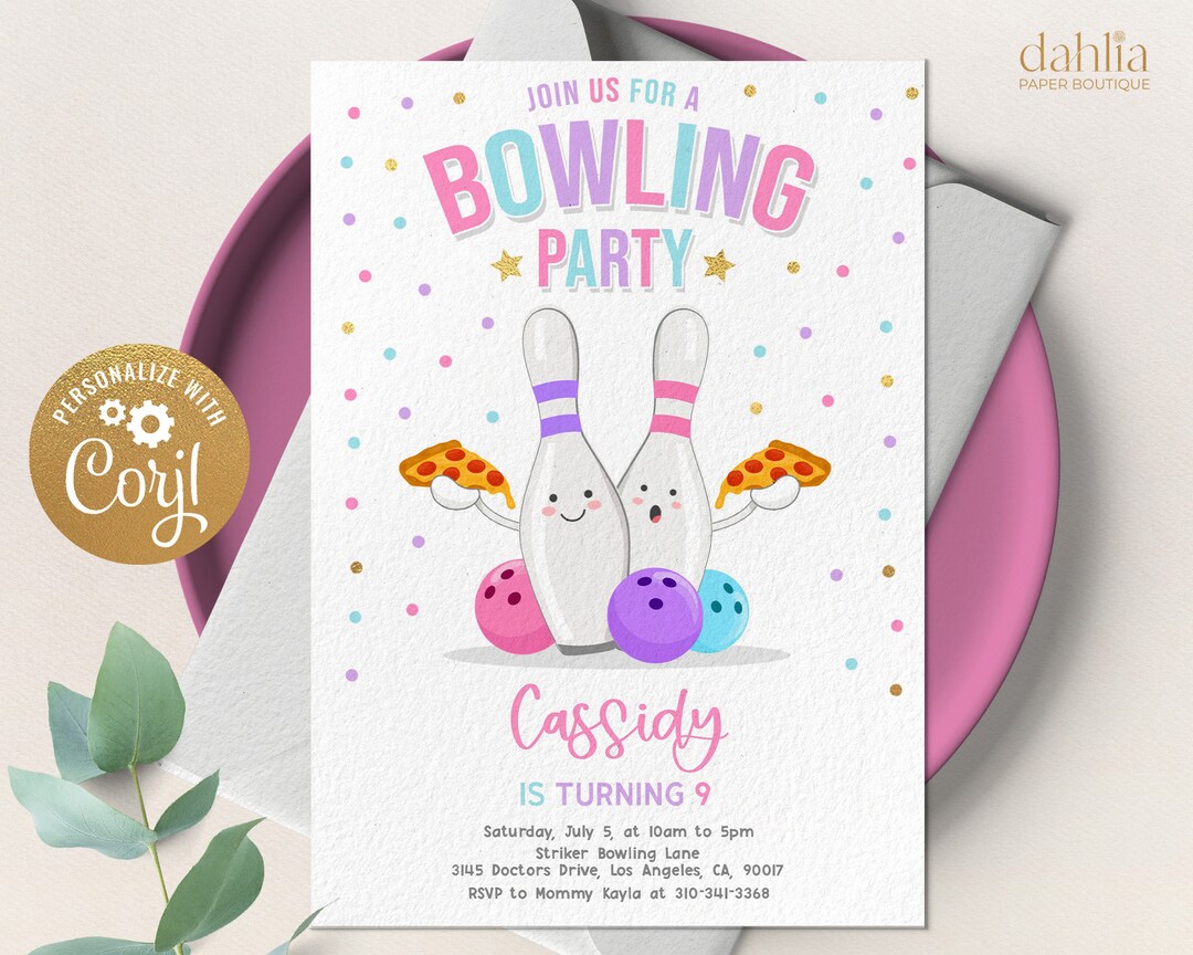 Bowling and Pizza Birthday Invitation, Editable Girl Party Invite ...