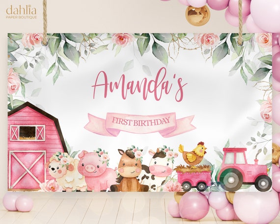 Floral Farm Birthday Backdrop, EDITABLE Barn Animal Party Decor ...