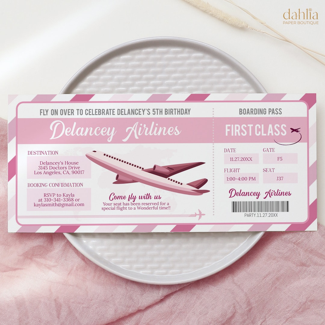 Plane Birthday Ticket Invitation, Airplane Ticket Invite, Girl Pink 1st ...