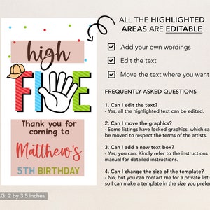 EDITABLE High Five Birthday Thank You for Coming Gift Tag, Printable Hi ...