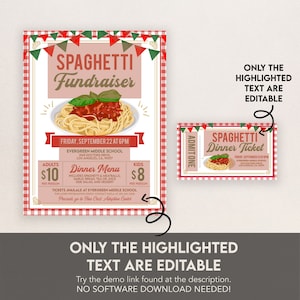 Editable Spaghetti Dinner Fundraiser Flyer Ticket, Pasta PTA PTO School ...