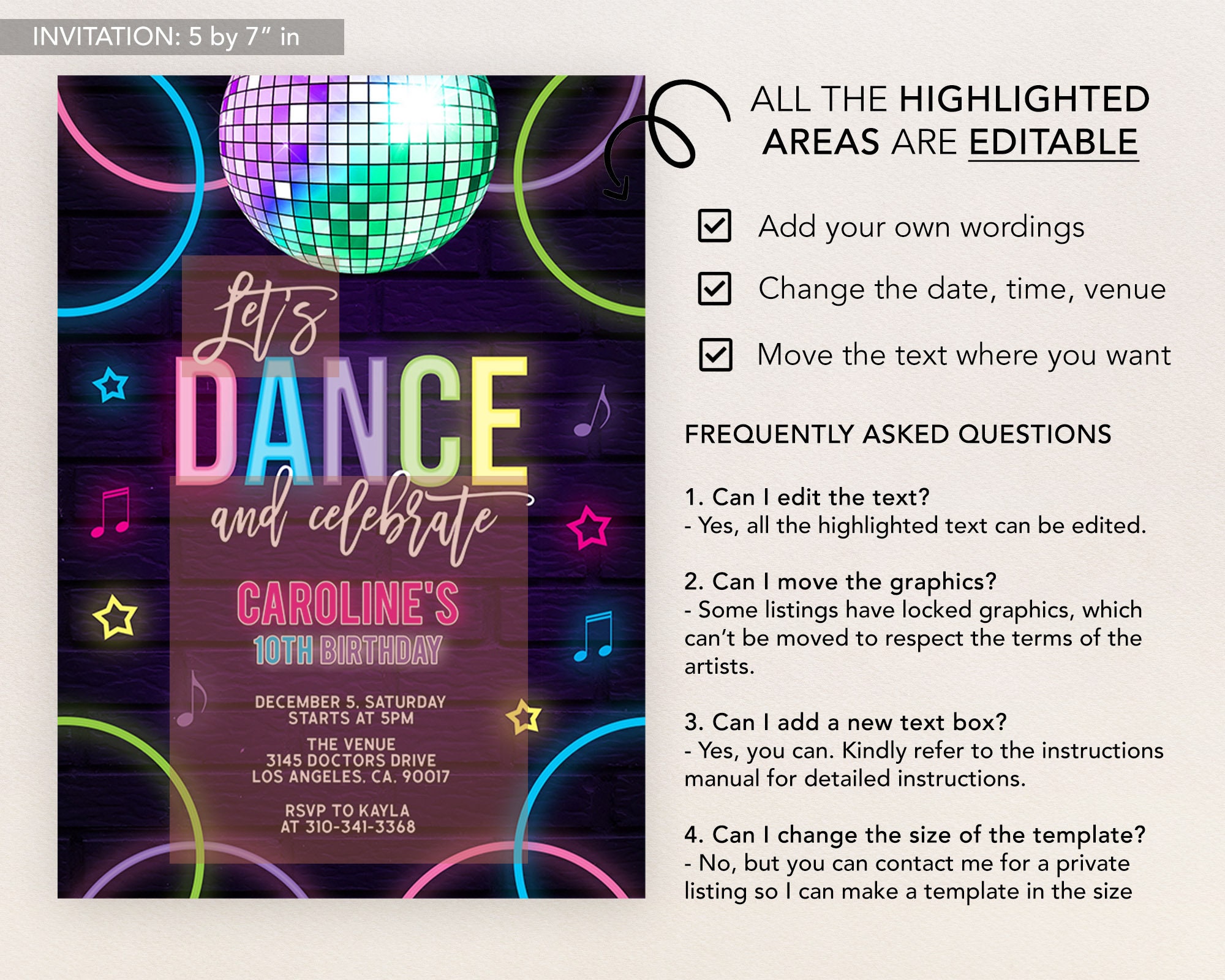 EDITABLE Dance Party Invitation Disco Birthday Invite Glow - Etsy