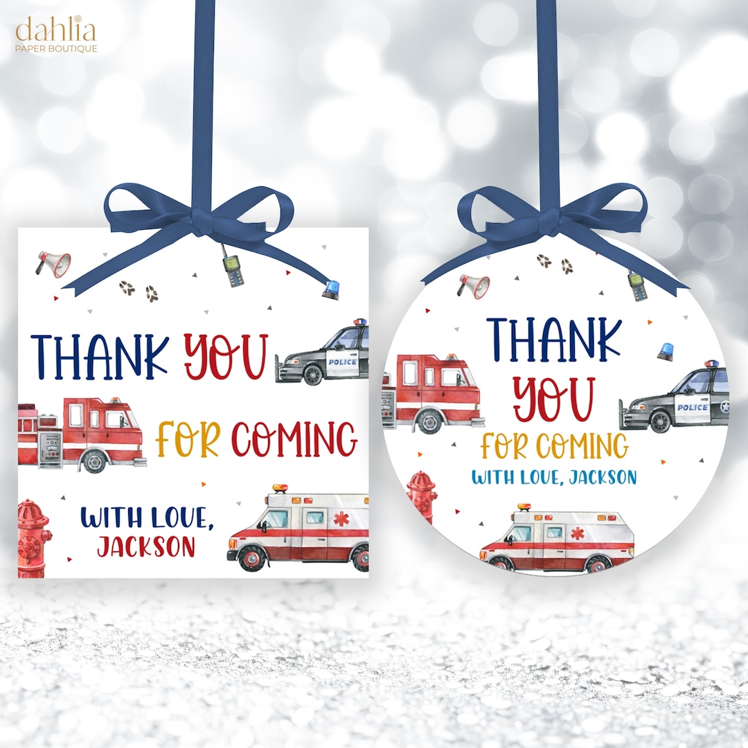 Emergency Vehicles Thank You Gift Tag, EDITABLE Firefighter Birthday ...