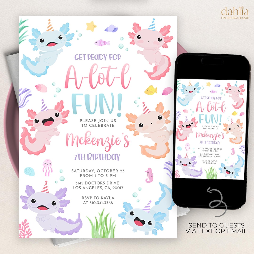 Invitación de cumpleaños de axolotl, plantilla de invitación a fiesta ...