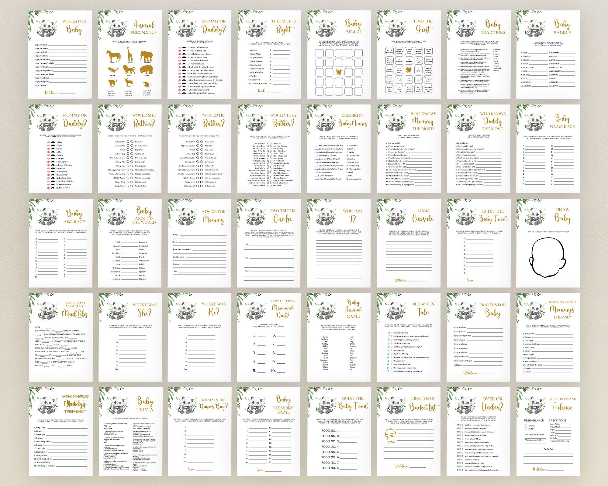 EDITABLE 80 Panda Baby Shower Games, Printable Panda Bear Baby Shower ...