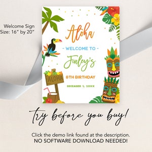 Luau Birthday Welcome Sign, EDITABLE Aloha Tropical Party Invite ...